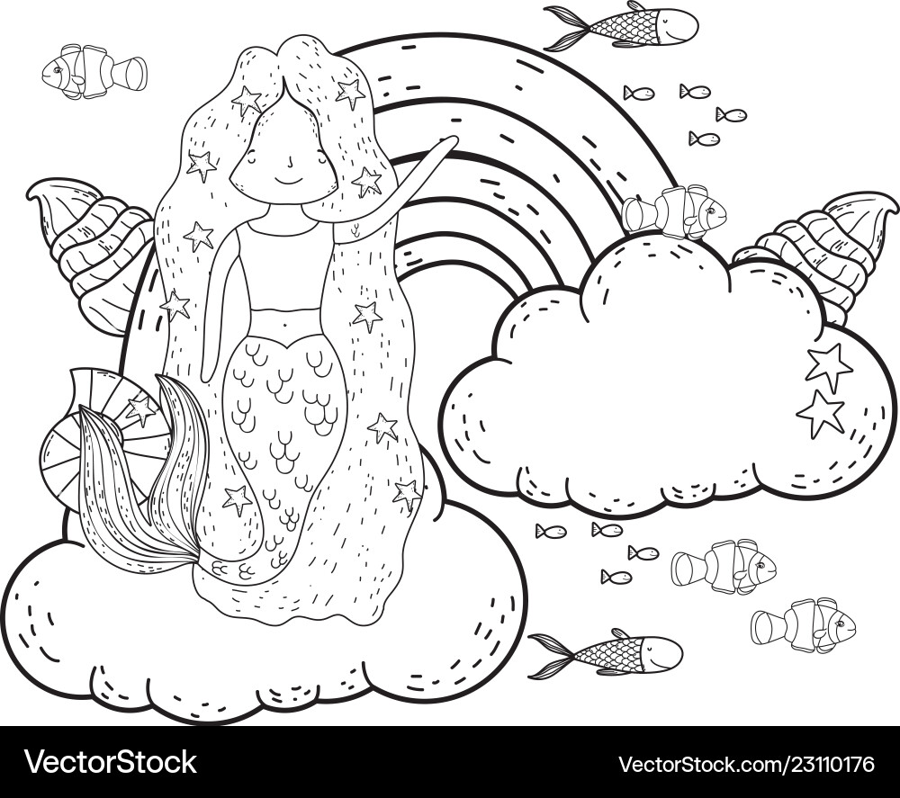 Cute mermaid with clouds and rainbow Royalty Free Vector