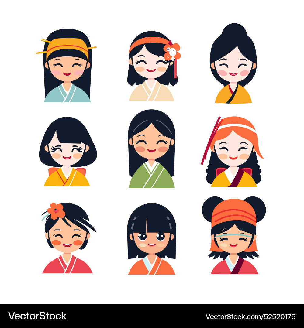 Nine various asian female characters distinctive Vector Image