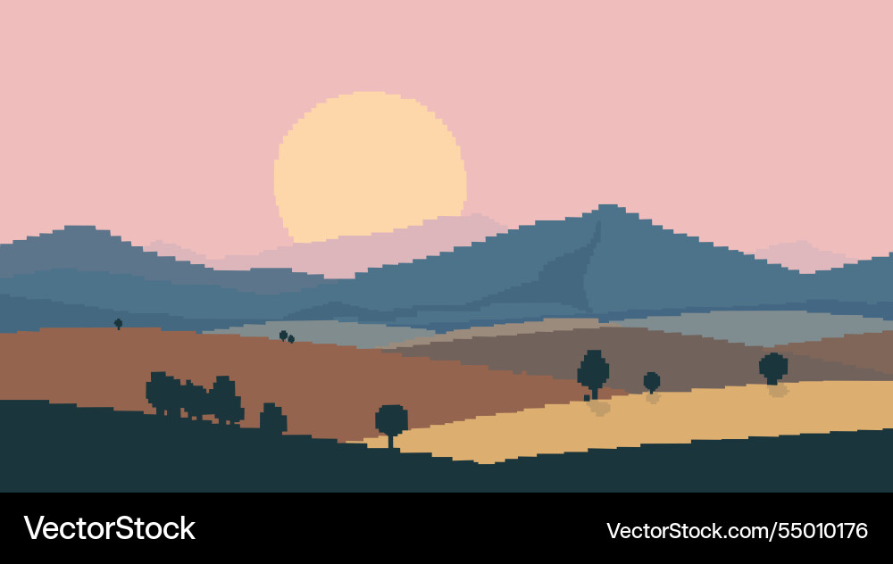 Sunrise in mountains pixel landscape vintage Vector Image