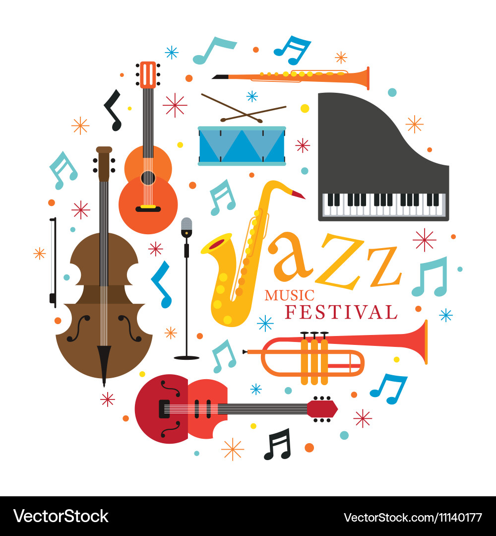 Jazz music instruments objects label Royalty Free Vector