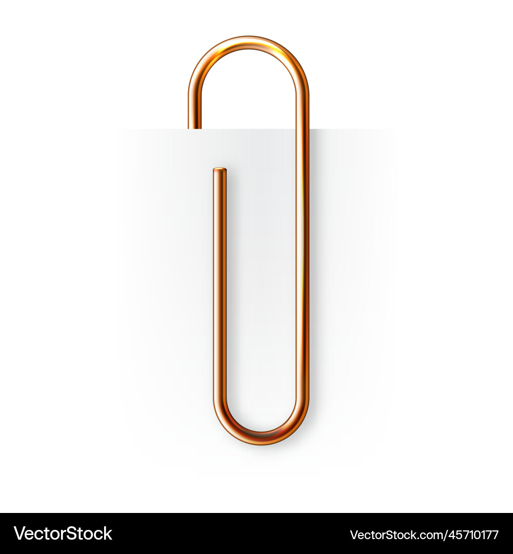 Realistic copper paperclip attached to paper Vector Image