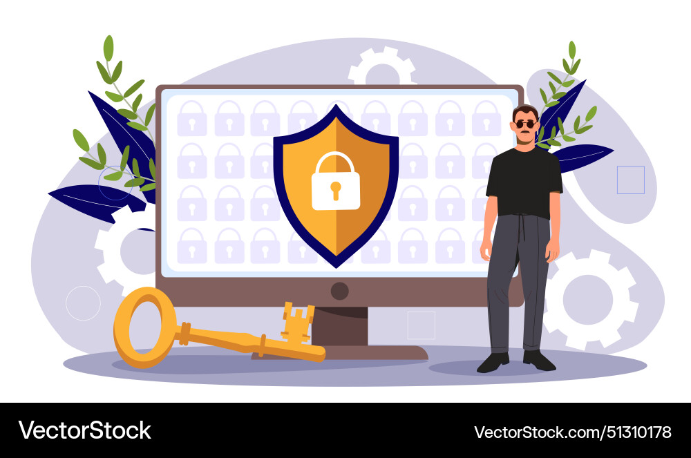 Cybersecurity concept man with sunglasses stands Vector Image
