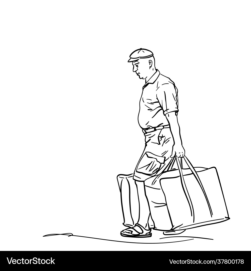 Drawing middle age man carrying two big heavy Vector Image