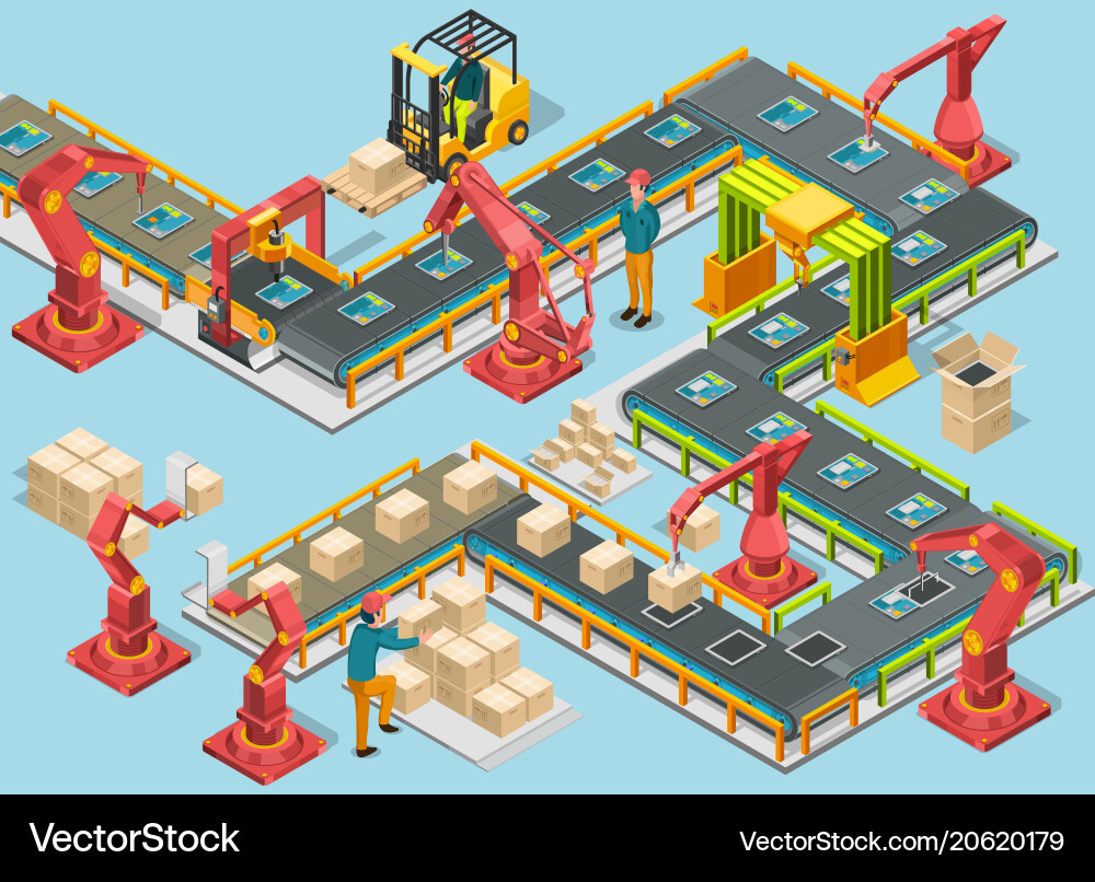 Automatic factory with conveyor line Royalty Free Vector