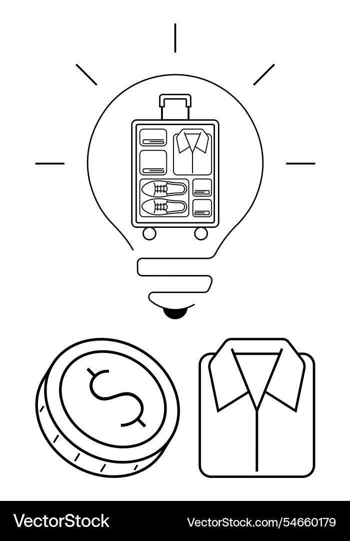 Light bulb with suitcase of neatly folded clothes Vector Image