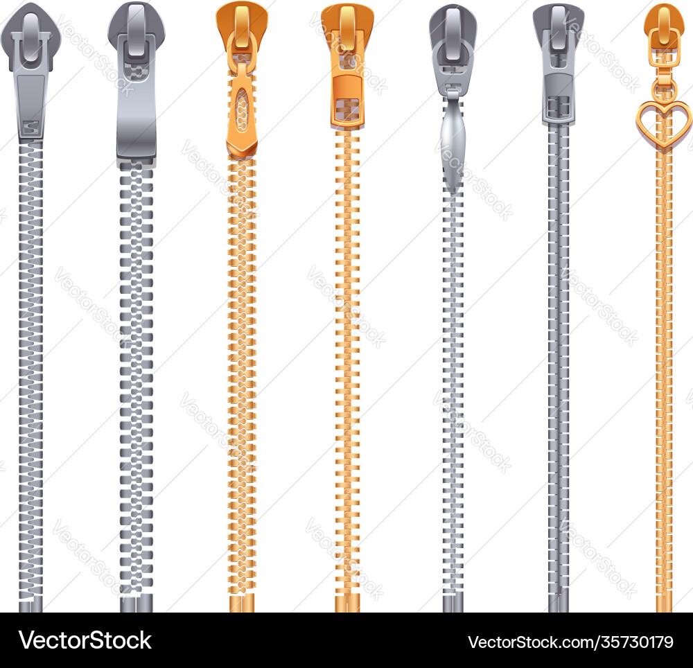 Metallic Zipper Collection - Realistic Set Vector Image