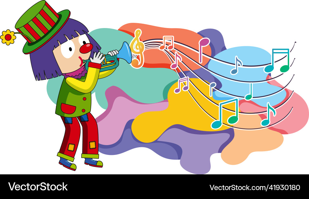 Clown blowing trumpet with music notes on white Vector Image