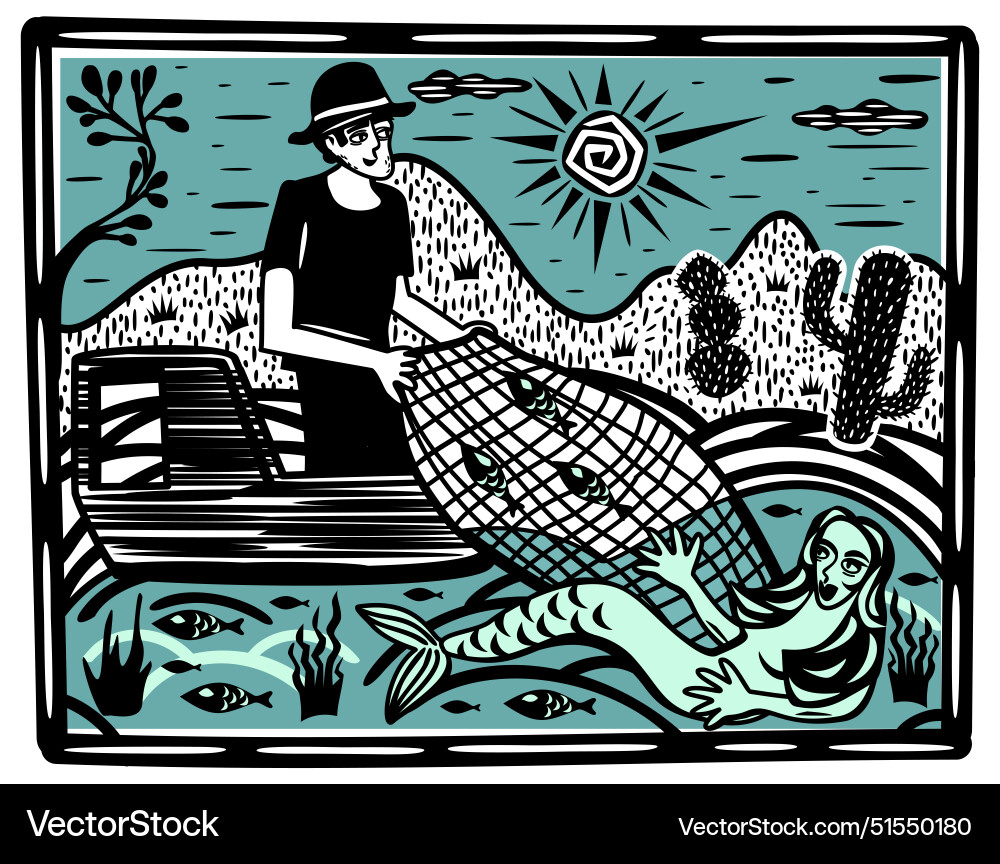 Fisherman catching mermaid woodcut style Vector Image
