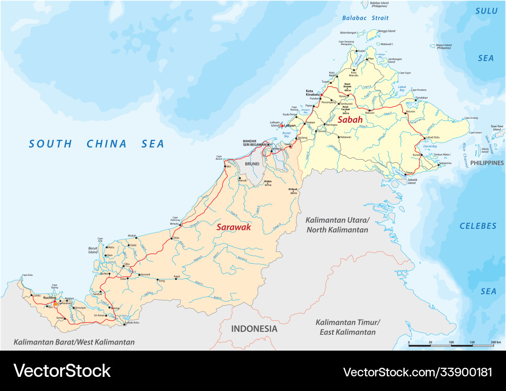 Road map sabah sarawak malaysia Royalty Free Vector Image