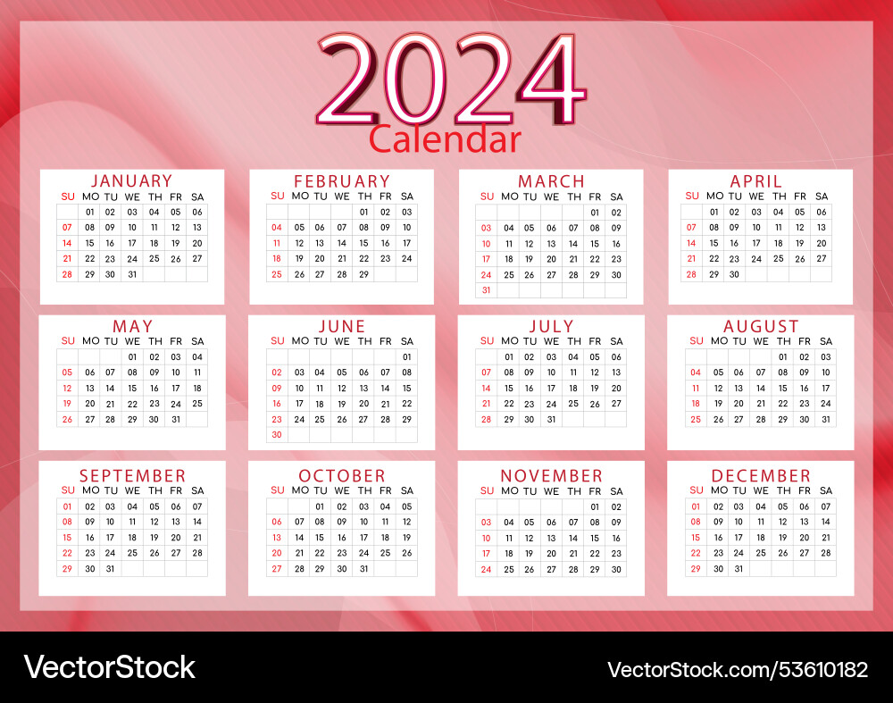 2024 calendar with red background template Vector Image