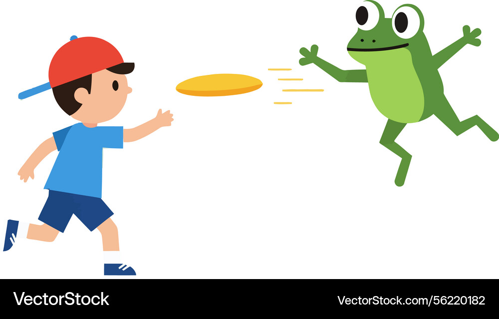 A playful boy throwing frisbee to leaping Vector Image