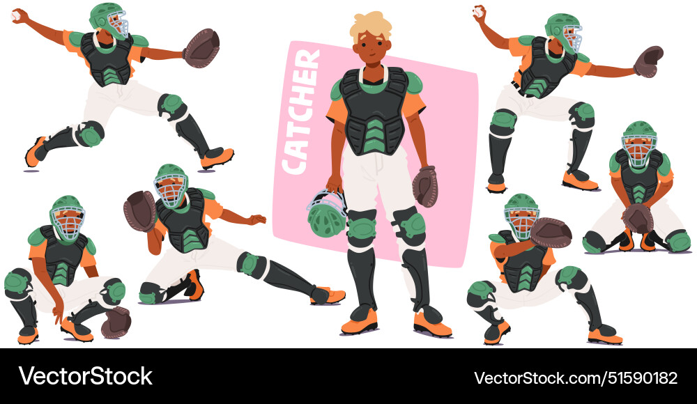 Baseball catcher in different poses and actions Vector Image