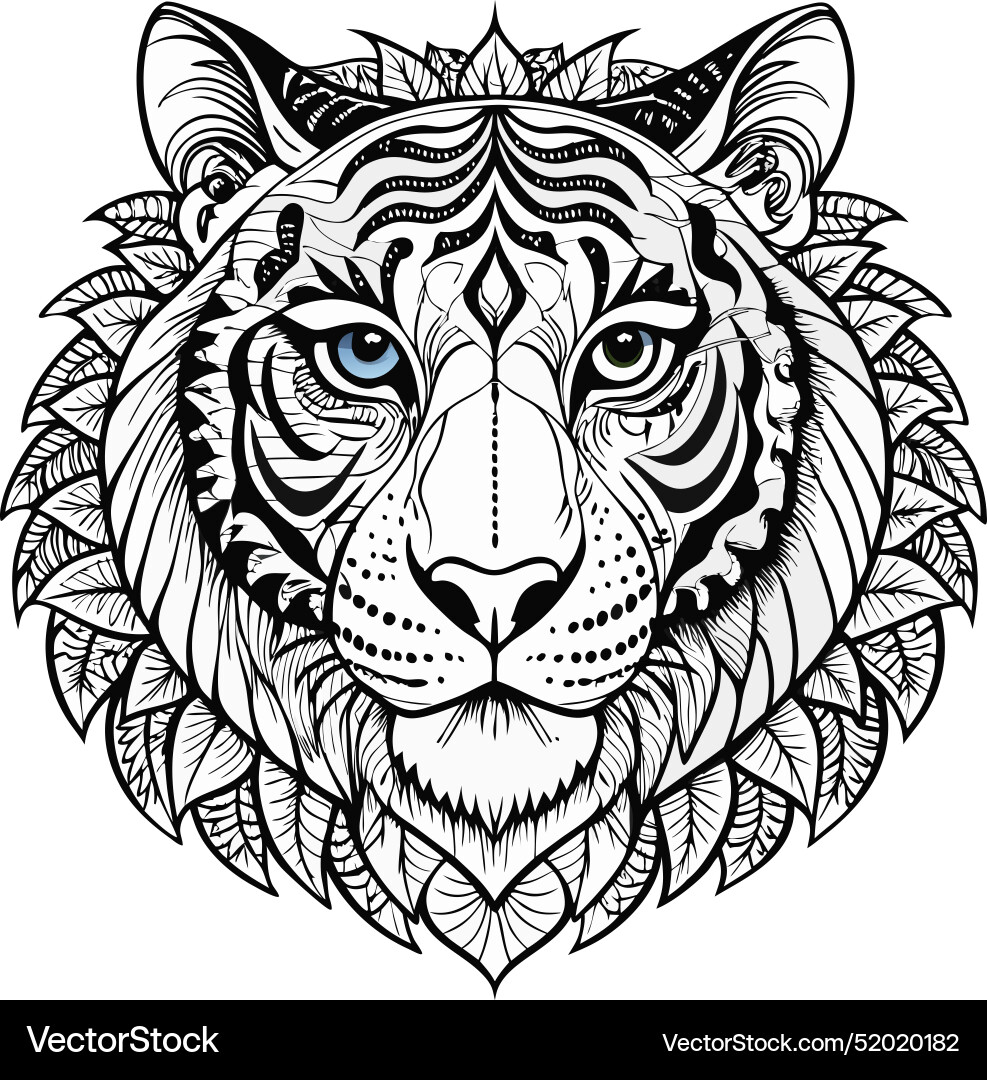 Tiger head mandala entangle coloring page Vector Image