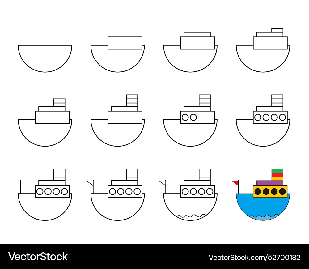 Worksheet easy guide to drawing cartoon ship Vector Image