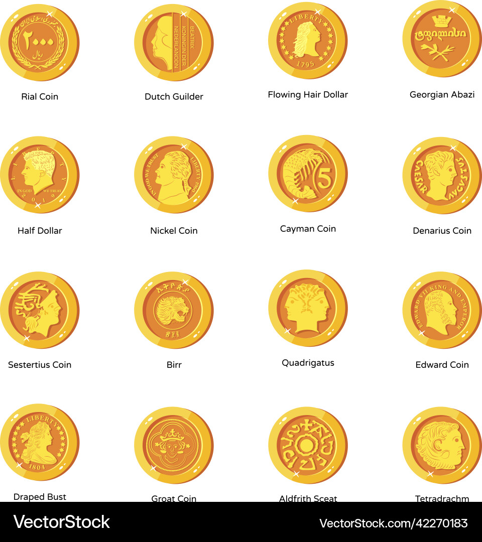 Bundle of gold coins flat icons Royalty Free Vector Image
