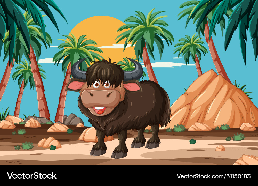 Cartoon yak smiling under palm trees at sunset Vector Image