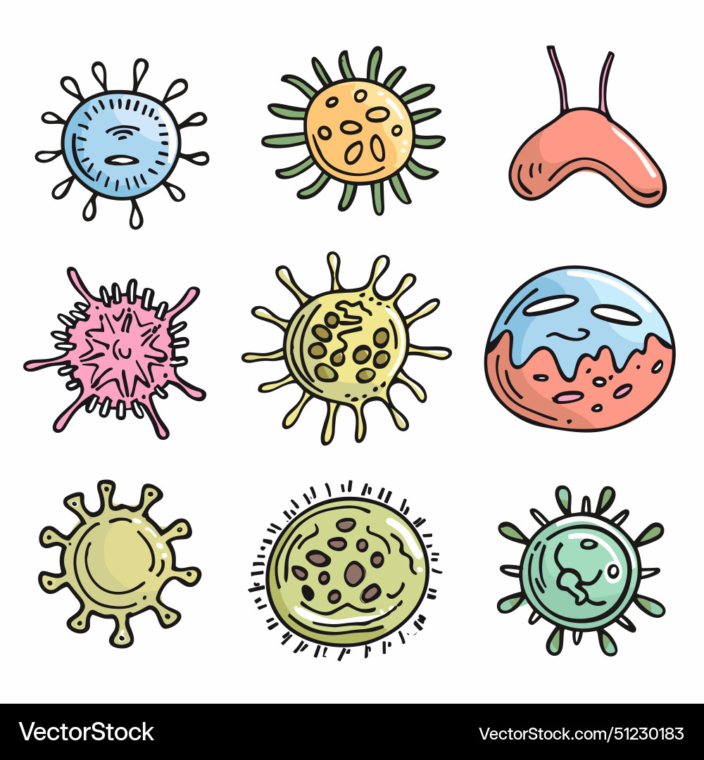 Set cartoon virus bacteria characters colorful Vector Image