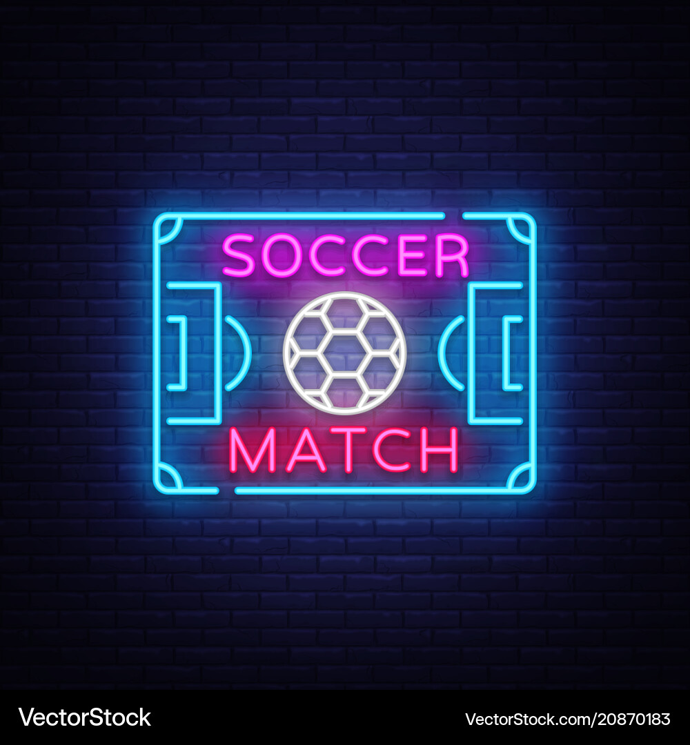 Soccer match logo neon design template Royalty Free Vector