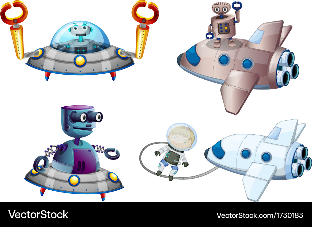 Spaceships with robot and a young boy near Vector Image