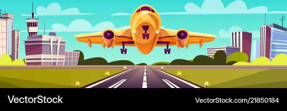 Cartoon yellow airliner jet over runway Royalty Free Vector
