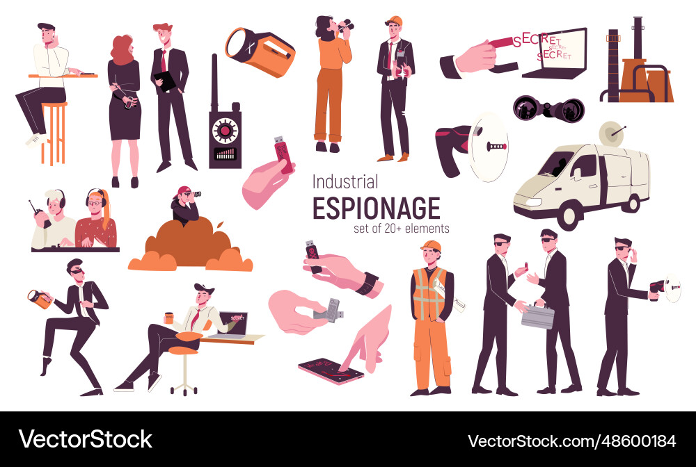 Flat industrial espionage set Royalty Free Vector Image