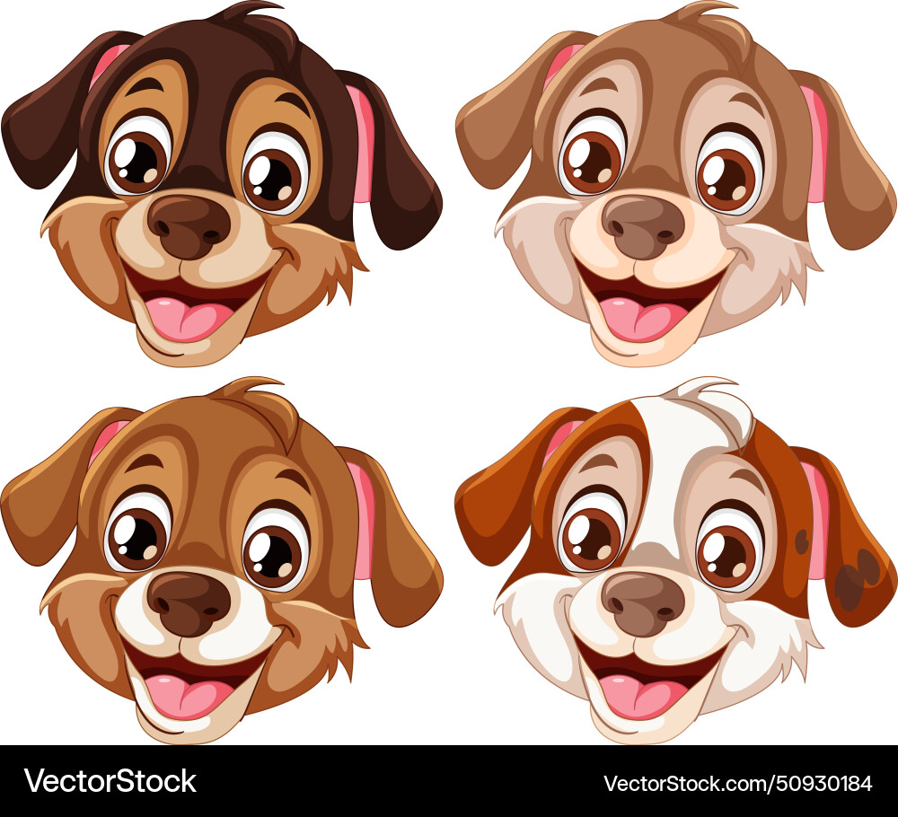 Four happy cartoon dog faces smiling Royalty Free Vector