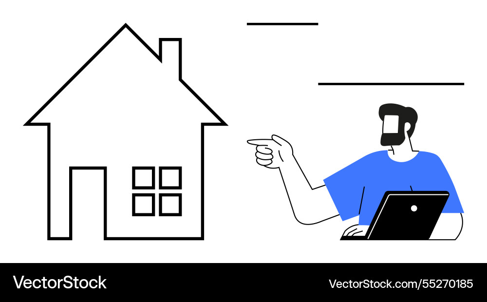 Man pointing at house while using laptop Vector Image