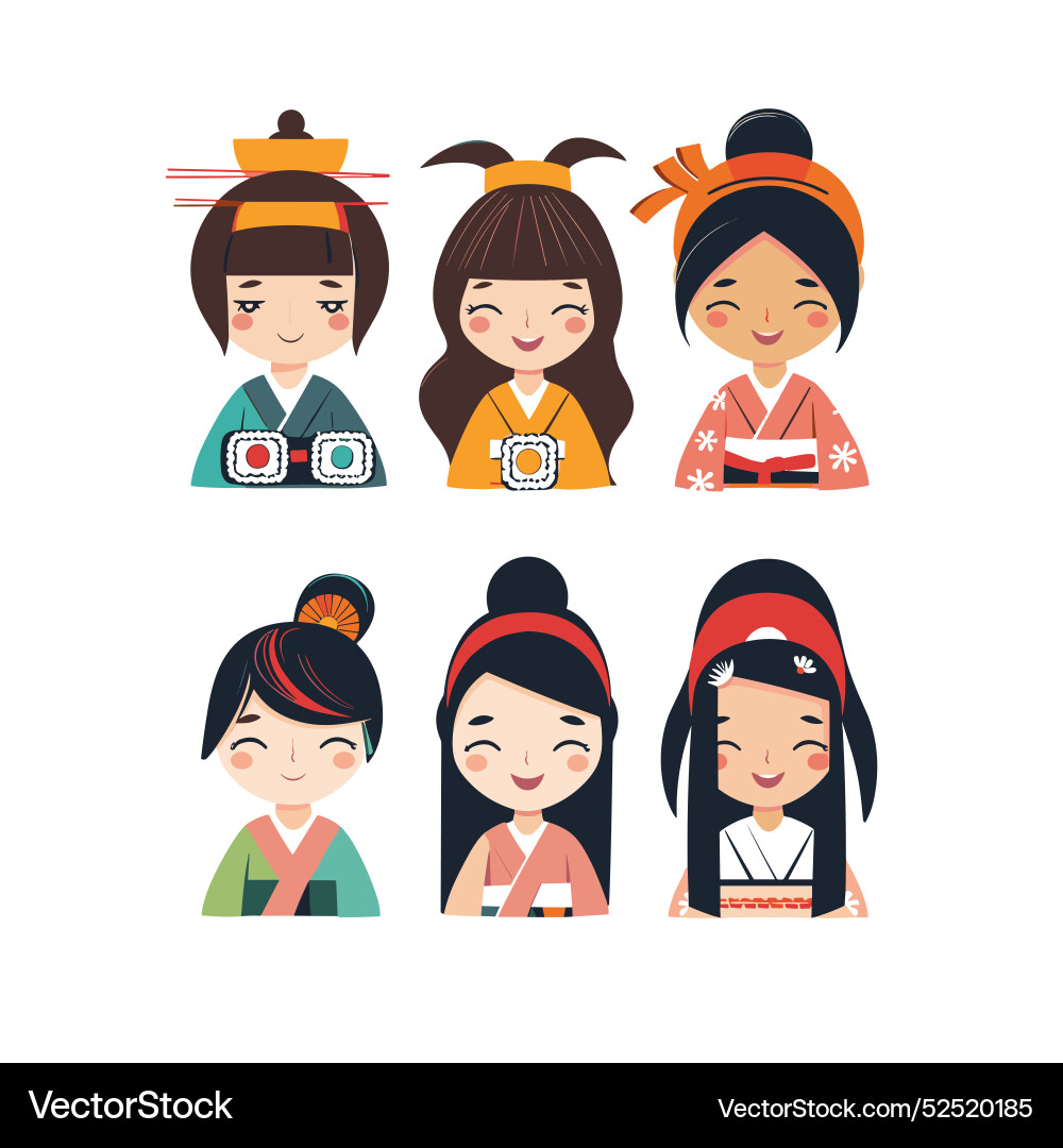 Six cartoon characters representing asian culture Vector Image