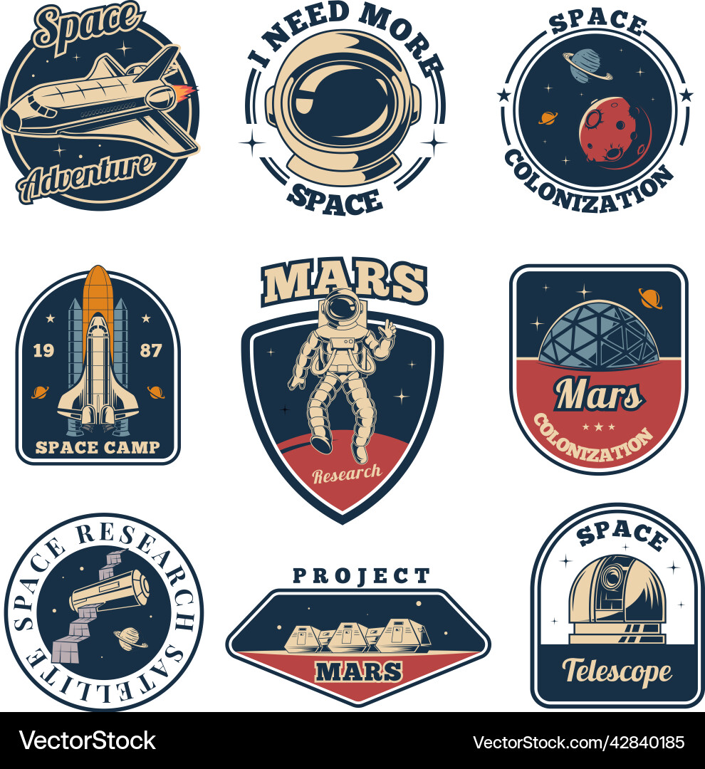 Space labels universe emblems astronaut Royalty Free Vector