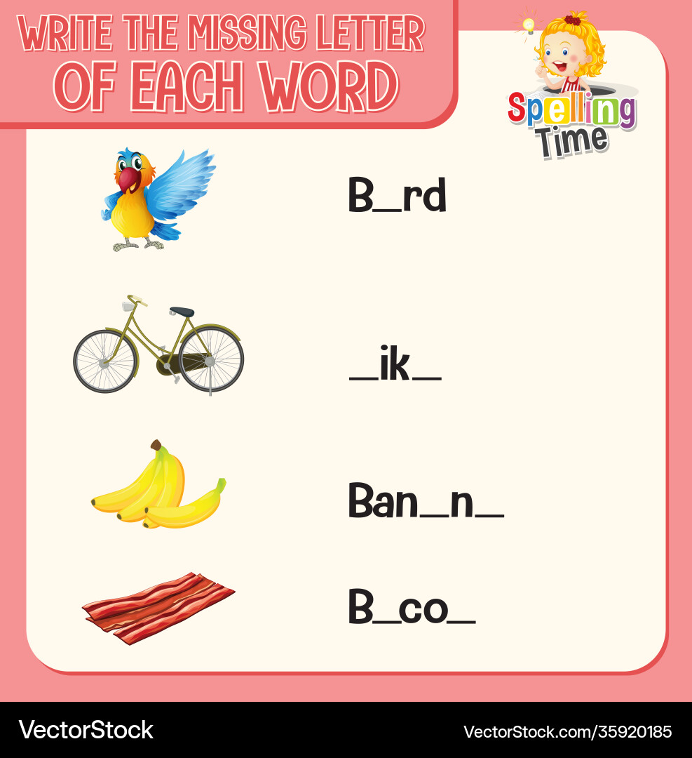 Write missing letter each word worksheet Vector Image