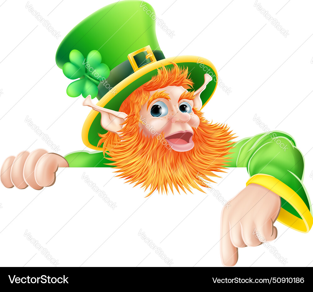 Leprechaun pointing down at sign Royalty Free Vector Image