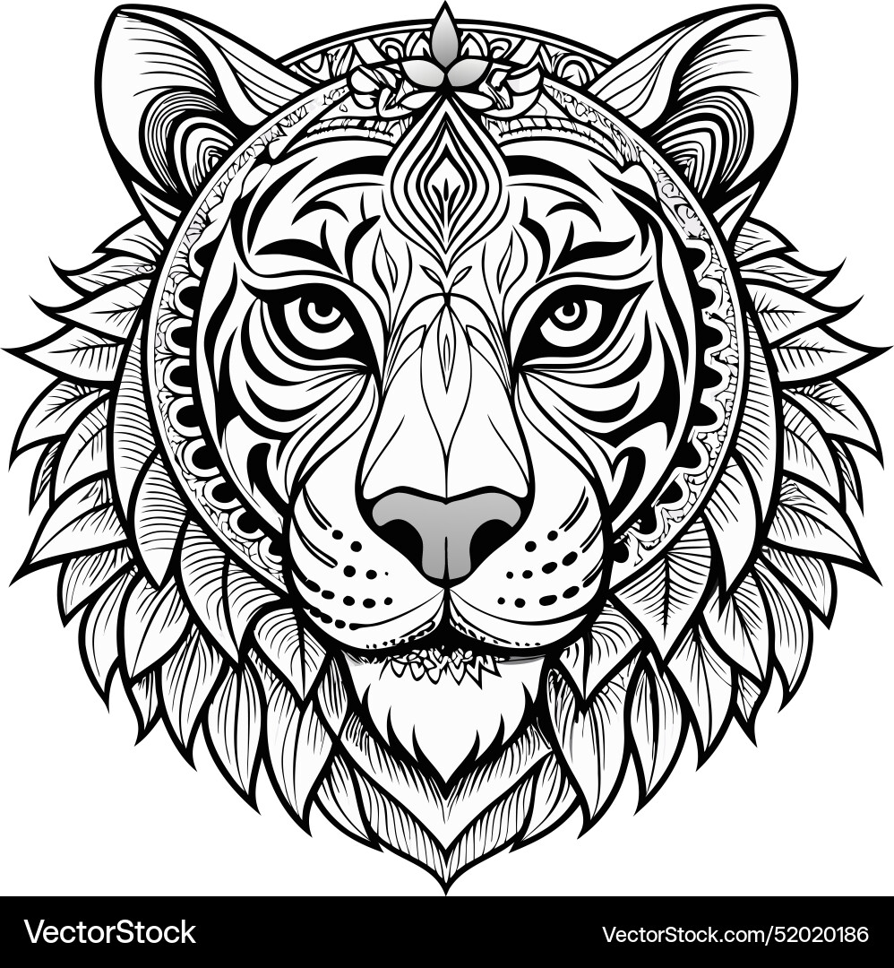 Tiger head mandala entangle coloring page Vector Image