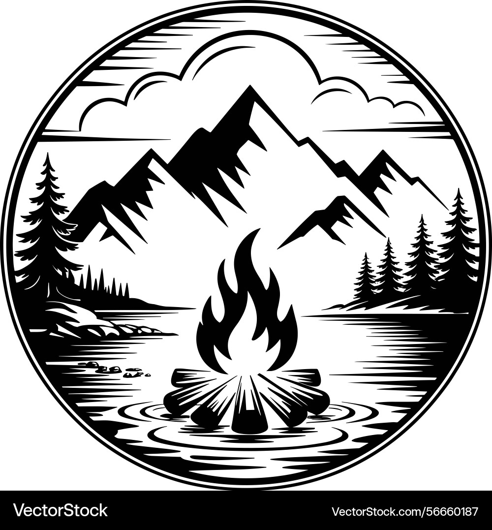 Circular mountain campfire emblem design Vector Image