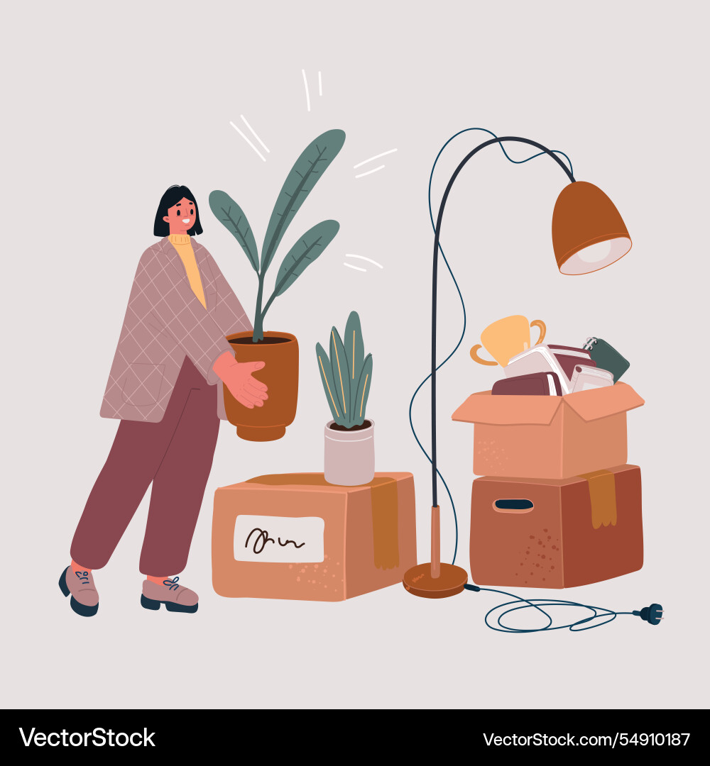 Happy woman moving boxes Royalty Free Vector Image