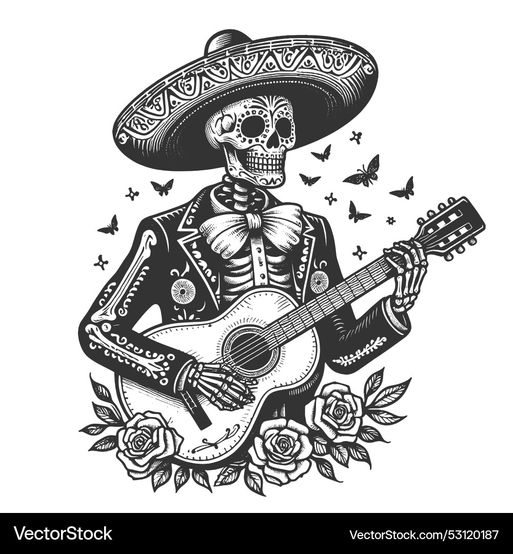 Skeleton mariachi playing guitar Royalty Free Vector Image