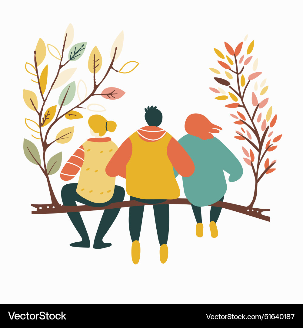 Three friends sitting branch autumn scenery Vector Image