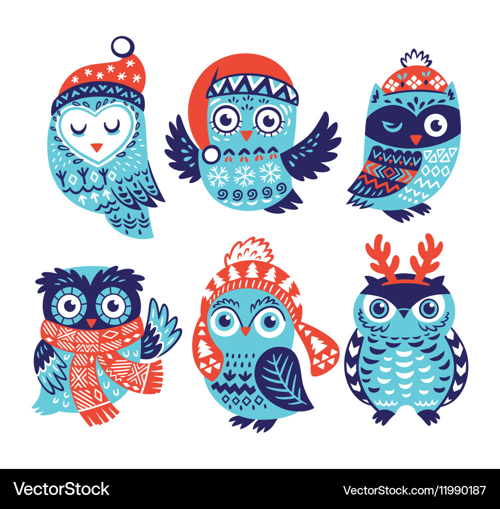Winter Owls with Hats & Antlers Royalty Free Vector