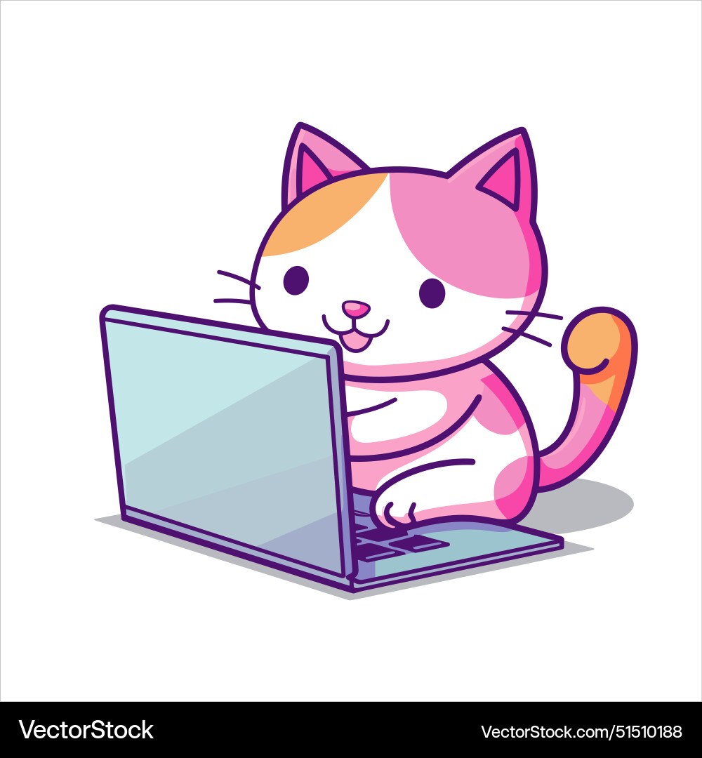 Cute pink cartoon cat using laptop vibrant Vector Image