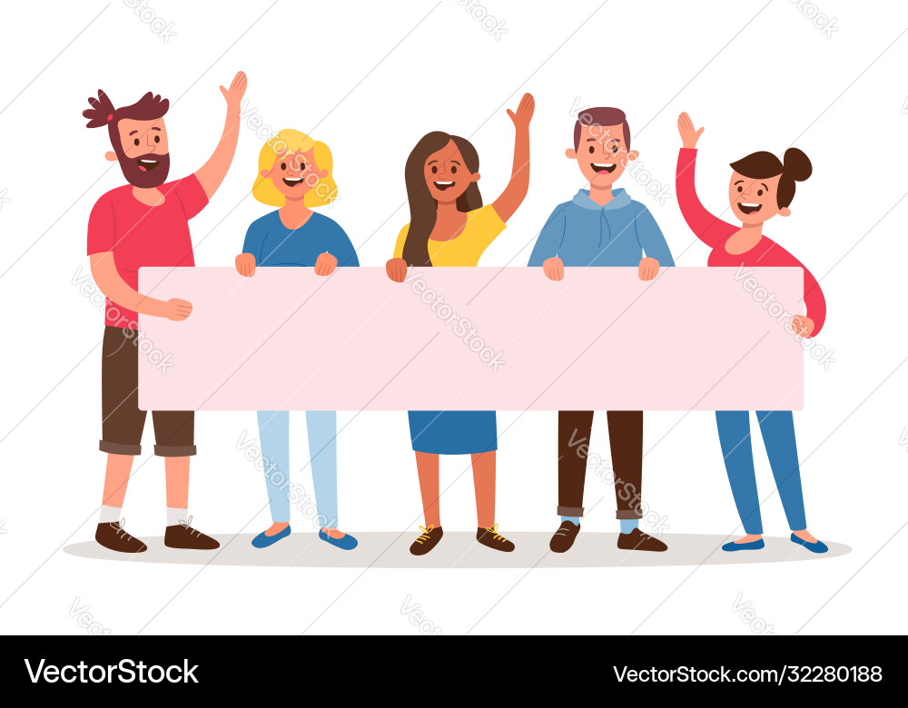 Five people holding a blank banner Royalty Free Vector Image