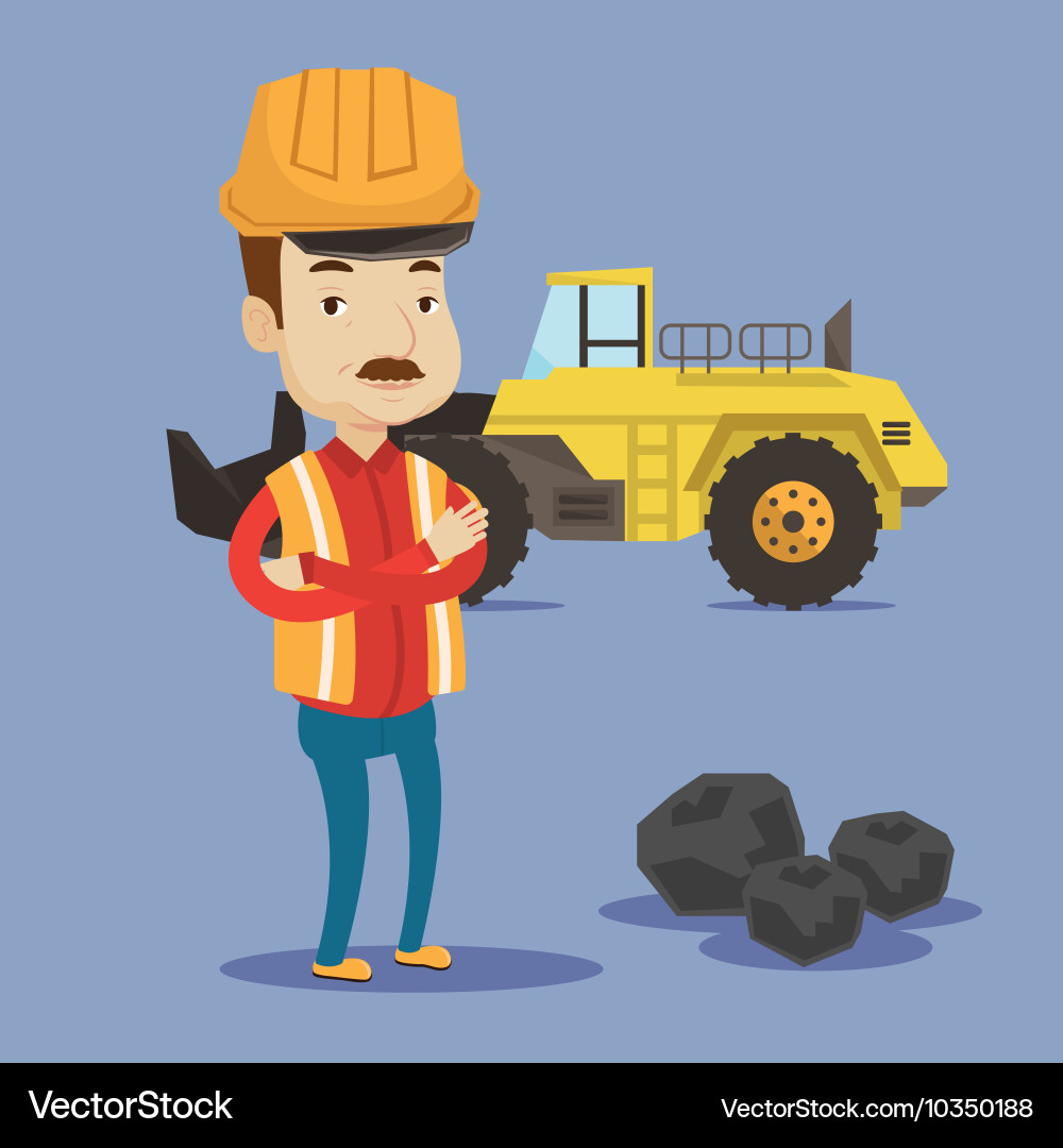 Miner with a big excavator on background Vector Image