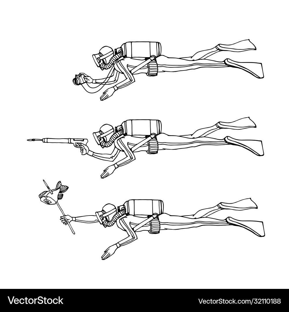 Scuba diver harpoon gun photo camera Royalty Free Vector
