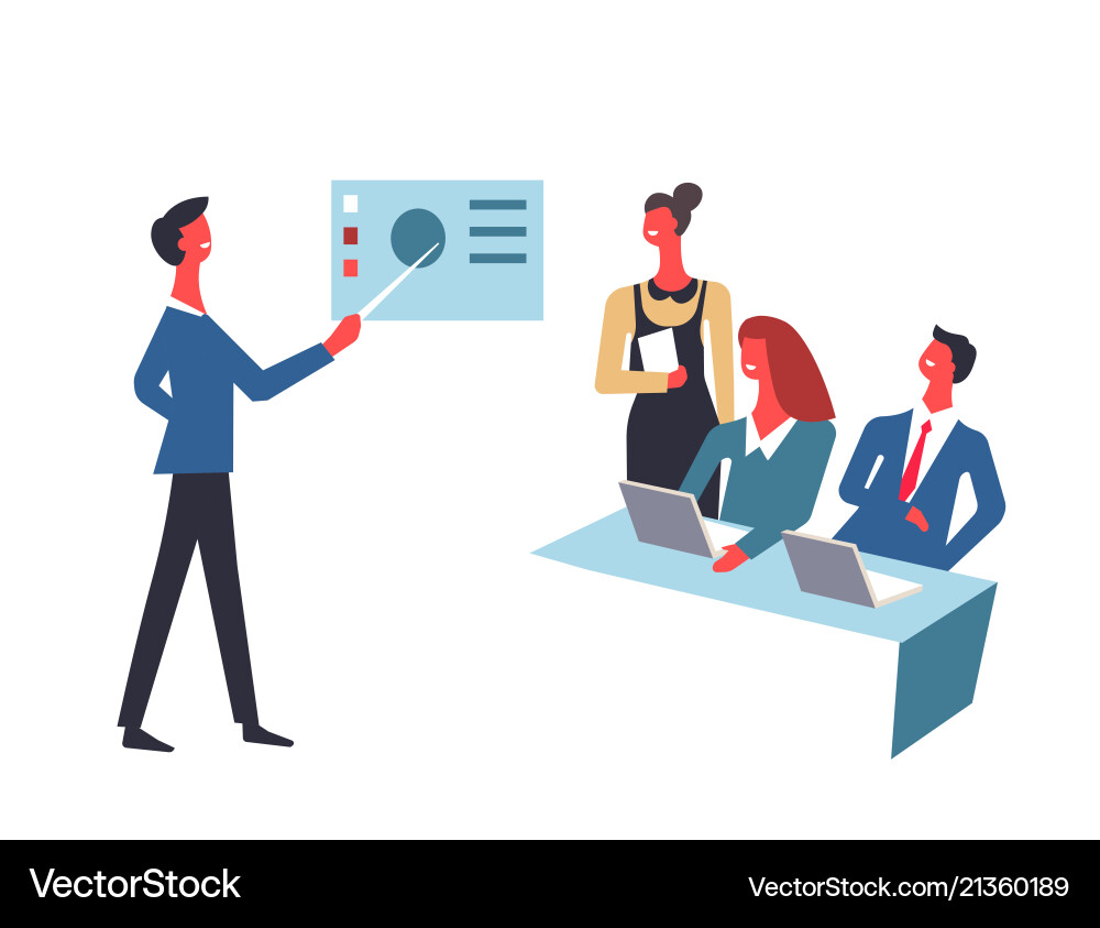 Employee shows business presentation with graphics