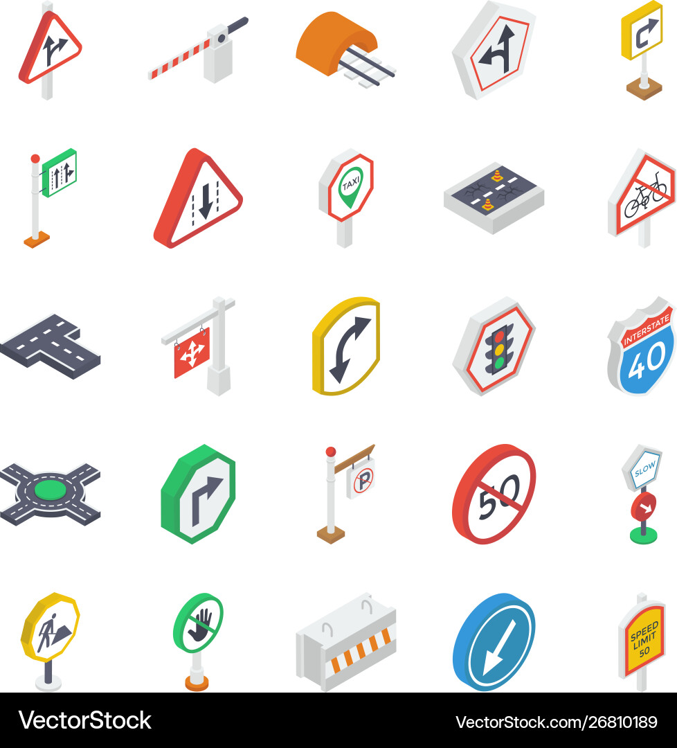 Road symbols isometric icons pack Royalty Free Vector Image