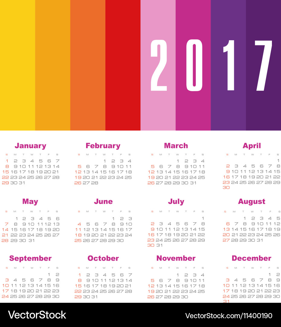Calendar 2017 year week starts sunday Royalty Free Vector