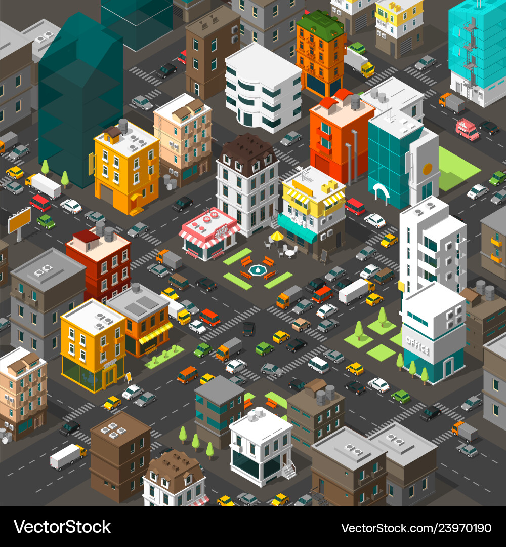 Isometric city cartoon town district Royalty Free Vector