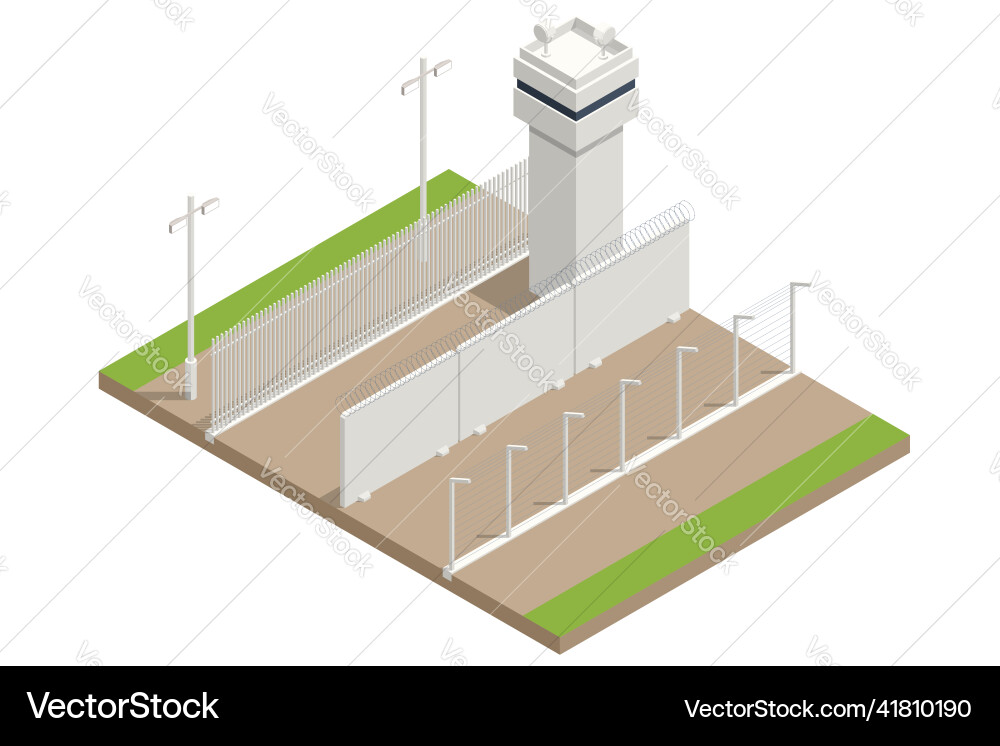 Isometric security fencing with razor wire watch Vector Image