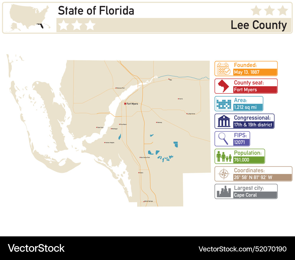 Map of lee county in florida usa Royalty Free Vector Image