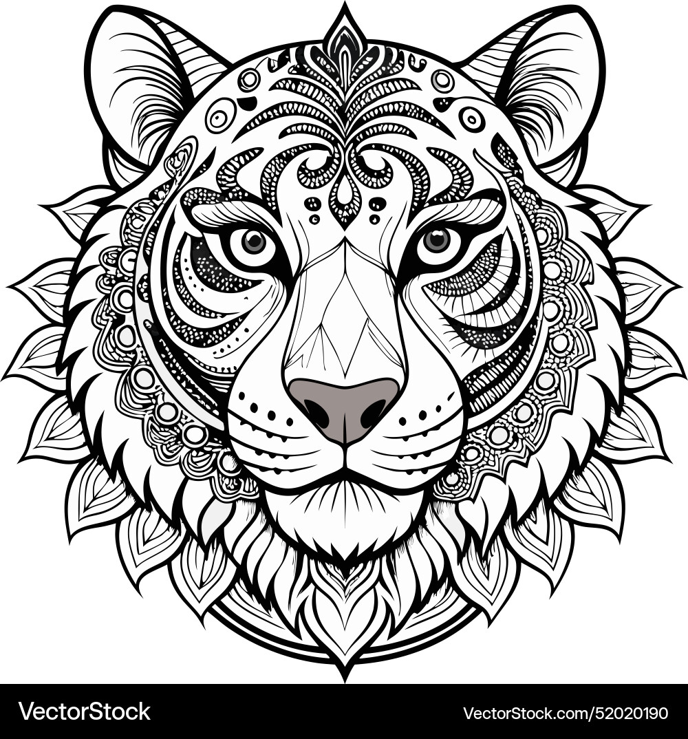 Tiger head mandala entangle coloring page Vector Image
