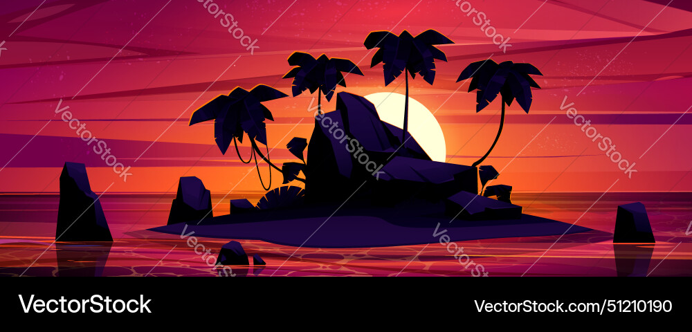 Tropical island silhouette on sunset background Vector Image