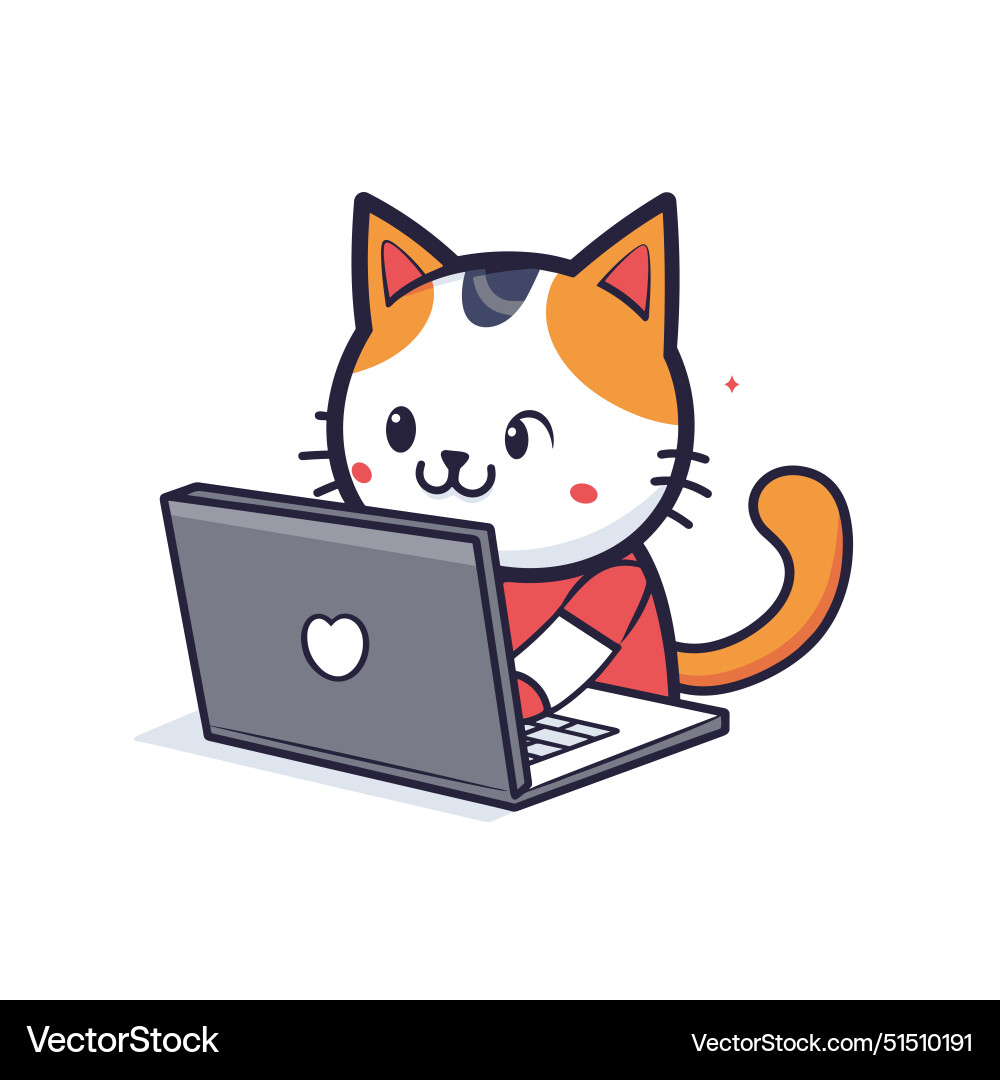 Animated cat character red tie using laptop Vector Image